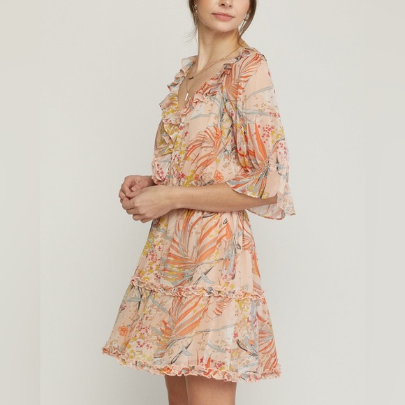 entro | Dresses | Entro Coral Print Dress With Ruffle Detail And ...